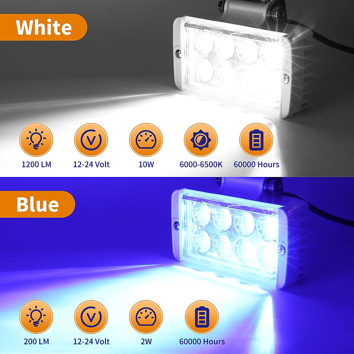 RVZONE Dual Color Led Boat Lights IP67 Waterproof LED Marine Spreader Light Deck/Dock Marine Lights Boat Deck Flood Beam Led Boat Light Bar for Night Fishing (White Housing, White & Blue)
