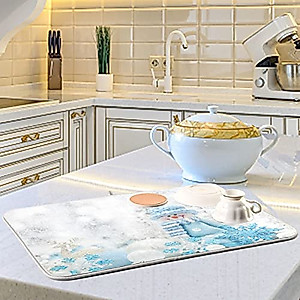 xigua Christmas Snowman Dish Drying Mat for Kitchen Counter,Texture Ultra Absorbent Reversible Microfiber Dishes Drying Rack Pad Heat-resistant Mats 16x18in