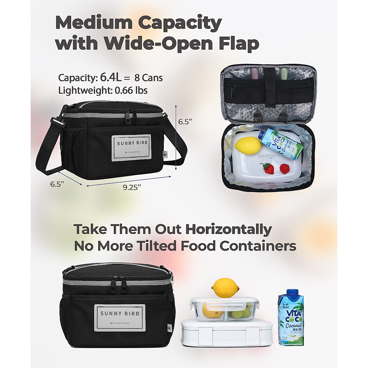 SUNNY BIRD Insulated Lunch Bag with Foldable and Leakproof Design, Thermally Insulated, Shoulder Strap for Women, Men and Teen (Black 002)