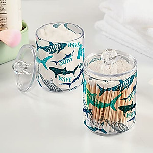 xigua 2 Pack Blue & White Shark Apothecary Jars with Lid, Qtip Holder Storage Jars for Cotton Ball, Cotton Swab, Cotton Round Pads, Clear Plastic Canisters for Bathroom Vanity Organization (10 Oz)