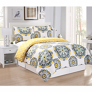 Grand Linen - 3-Piece Fine Printed King Size Duvet Cover Set - Double Brushed Soft Microfiber - Stain Restant All Season Set in Black, White, Yellow and Grey Colors with Elegant Geometric Pattern.