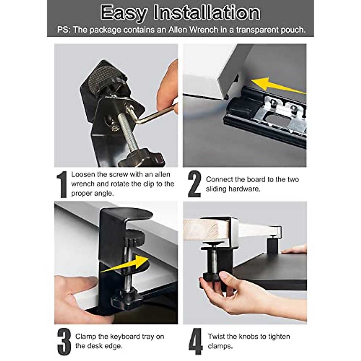 Under Desk Keyboard Tray for Corner L Shaped Desk, Clamp On Keyboard Drawer Slide Out, Ergonomic Desk Extender with Swivel Clips NO Need to Dill Holes, Black