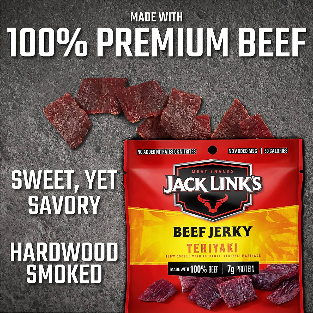 Jack Link's Beef Jerky, Teriyaki, Multipack Bags - Flavorful Meat Snack for Lunches, Ready to Eat - 7g of Protein, Made with Premium Beef, No Added MSG - 0.625 oz (Pack of 20)