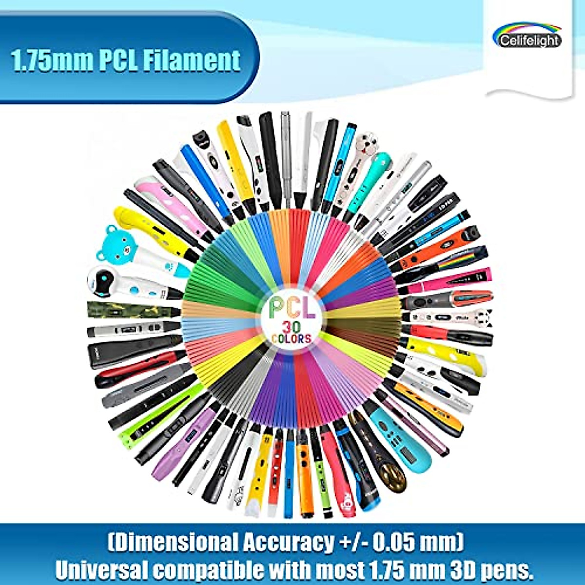3D Printing Pen PCL Filament 1.75mm Refills,30 Colors, Each Color 16.4 Feet, Total 492 Feet, Pack with 2 Finger Caps & 2 Drawing Guide Book, High-Precision Diameter and Safe Refill