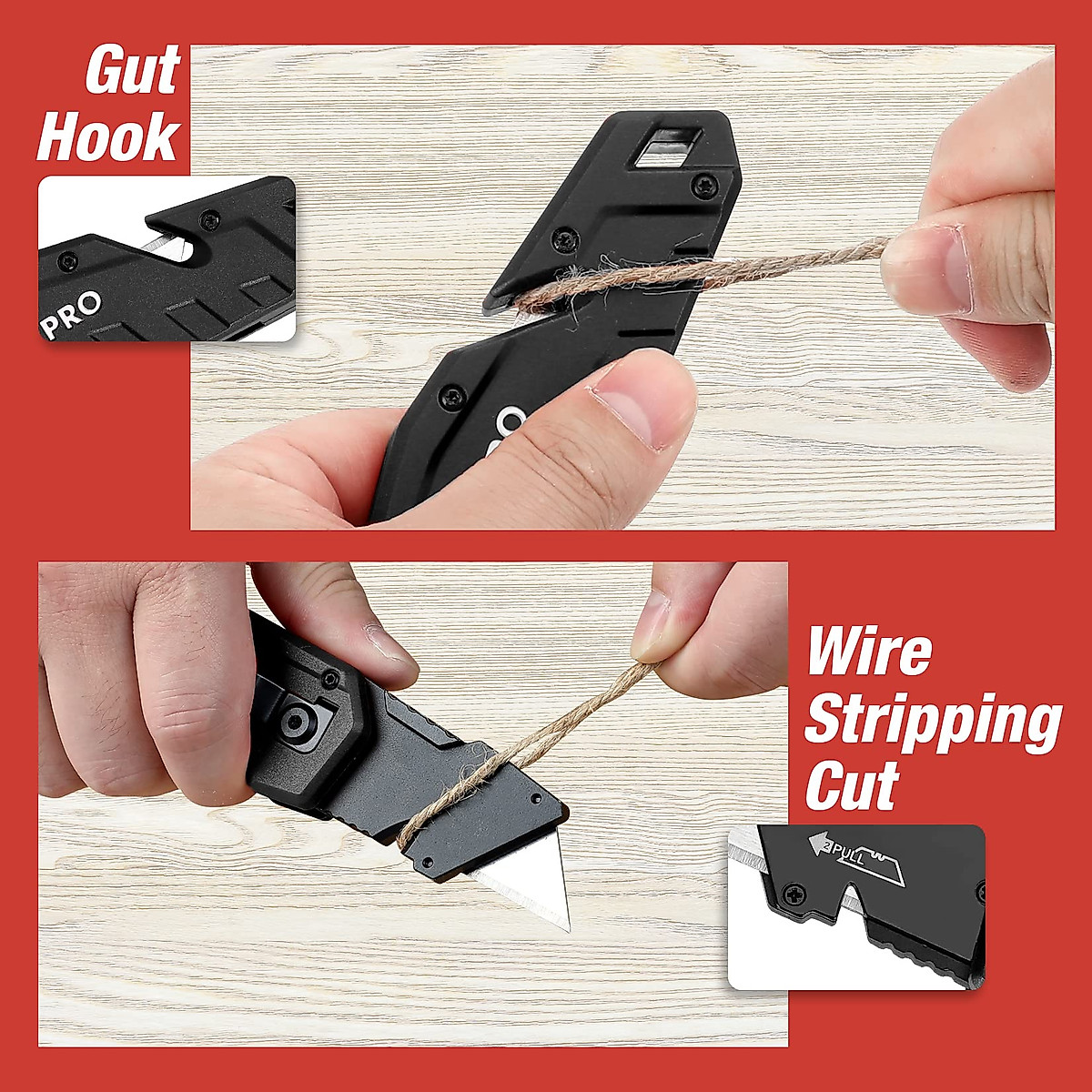 WORKPRO Folding Utility Knife, Box Cutter with Belt Clip, Quick-Change Blade, Lightweight Nylon Handle, Wire Stripper & Gut Hook, Extra 10 SK5 Blades Included, Black