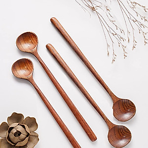 Wooden Soup Spoon, 4PCS Wooden Long Spoons Korean Style Natural Wood Long Handle Round Spoons Long Soup Spoons for Soup Cooking Mixing Stirrer Kitchen Tools