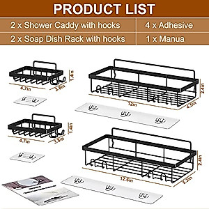 HNRLOY Shower Caddy Organizer,4Pack Bathroom Shower Shelf Rack for Wall Mount Bath Shower Storage with 2 Soap Dish Holder,Self Adhesive Stainless Steel Black Shower Shelves Accessories