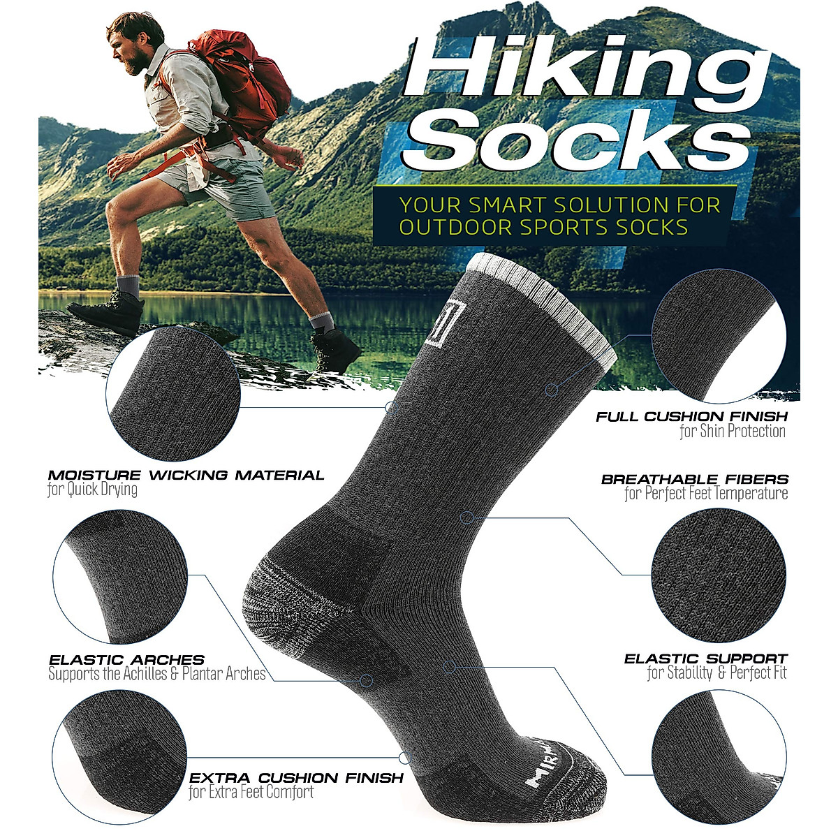 MIRMARU Men’s 5 Pairs Hiking Outdoor Trail Running Trekking Moisture Control Terry Full-Cushioned Crew Socks (M266-LARGE)