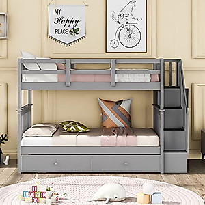 Twin Over Twin Bunk Bed with Trundle and Stairs, Solid Wood Bunk Beds Frame with Storage for Kids, Teens, Adults, Bedroom, Dorm. No Box Spring Needed (Gray)