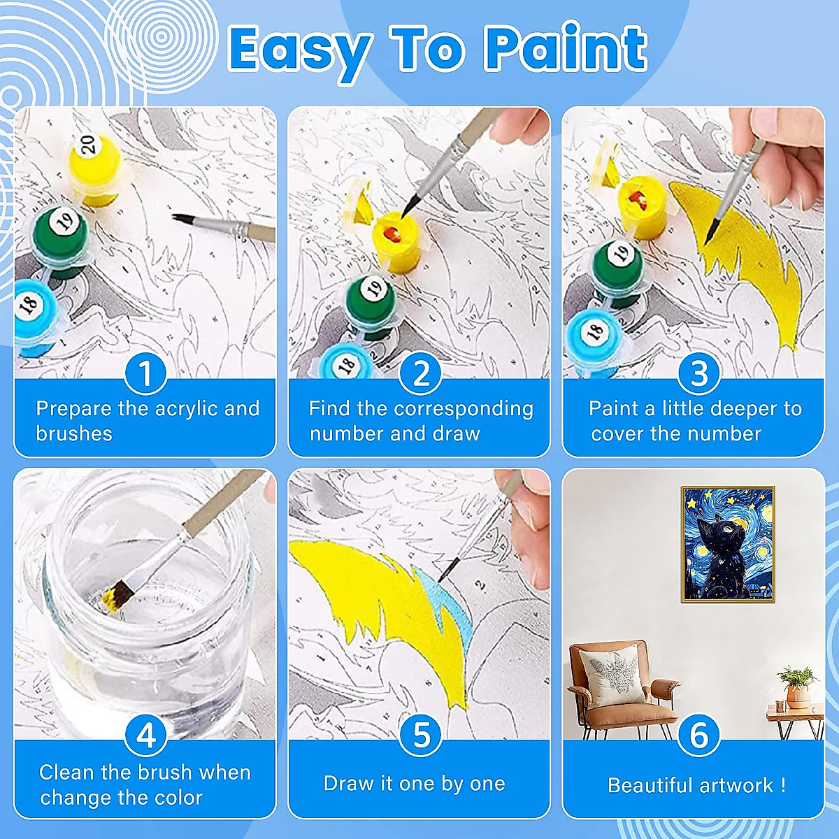 Yunnuo Paint by Numbers for Adults Black Cat, Paint by Numbers kit on Canvas for Beginners, Starry Night Oil Painting Set Craft Supplies, 3 Paintbrushes and Acrylic Paint 16x20 Inch