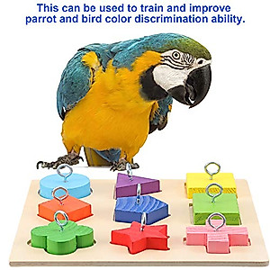 Frienda 4 Pieces Bird Training Toy Set Include Wooden Bird Block Puzzle Toy Parrot Training Basketball Colorful Stacking Rings Toy Birds Swing Perch for Parrots
