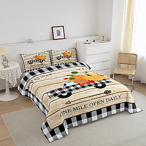 Homewish Pumpkin Grid Truck Bedding Set Queen Size,Rustic Farmhouse Comforter Set Kids Boys Girls Room Decor,Autumn Plants Themed Quilt Set Halloween Style Duvet Insert 3pcs with 2 Pillowcases