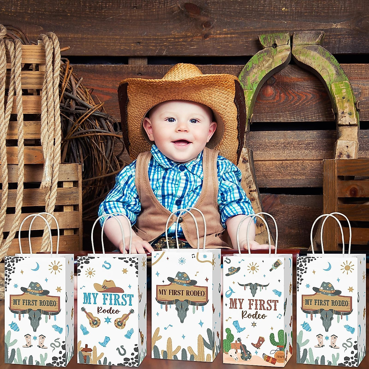 Justforjoyful 16Pcs My First Rodeo One Birthday Party Favors Bags Cowboy 1st Birthday Gift Snacks Treat Candy Paper Bags with Handle for Cowboy 1st Birthday Party Decorations Supplies 8 * 4.7 * 3inch