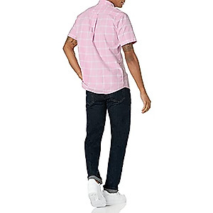 Amazon Essentials Men's Regular-Fit Short-Sleeve Pocket Oxford Shirt, Pink Windowpane, X-Large