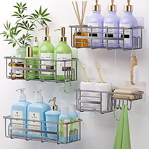 TOPCHASE Shower Caddy Shower Organizer, 4 Pack Shower Shelves for Inside Shower, Rustproof Adhesive Shower Storage Rack With Built-in Soap Dish, Large Capacity, Silver Bathroom Organizer for Shower