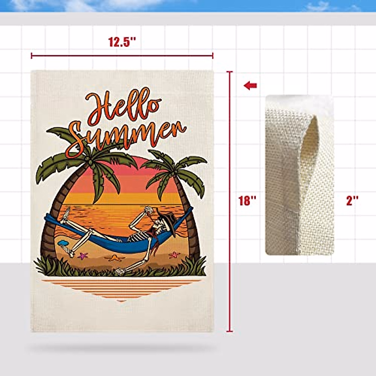 CMEGKE Hello Summer Garden Flag Cool Skull Skeleton Summer Yard Flag Pool Signs Summer Garden Flag Beach Party Vertical Double Sided Burlap Party Holiday Yard Home Farmhouse Outside Decor 12.5 x 18 In