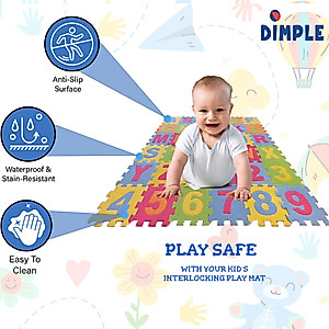 DIMPLE Kids Foam Play Mat (72 Pieces Total) 6.25 x 6.25 Inches Interlocking Alphabet and Numbers Floor Puzzle Colorful EVA Tiles Girls, Boys Soft, Reusable, Easy to Clean (2 Pack of 36)
