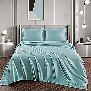 Cotton Home Depot California King Size Soft Satin Silk Bed Sheets Aqua Satin Silk Sheet Set, 12" Deep Pocket Fitted Sheet + 1 Flat Sheet + 2 Pillowcases