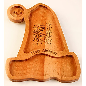 Christmas Hat Shaped Wooden Santa Cookie - Milk Plate Hand Made from Beechwood Tree, Brown, 11.8 x 9.44 x 0.787 inches