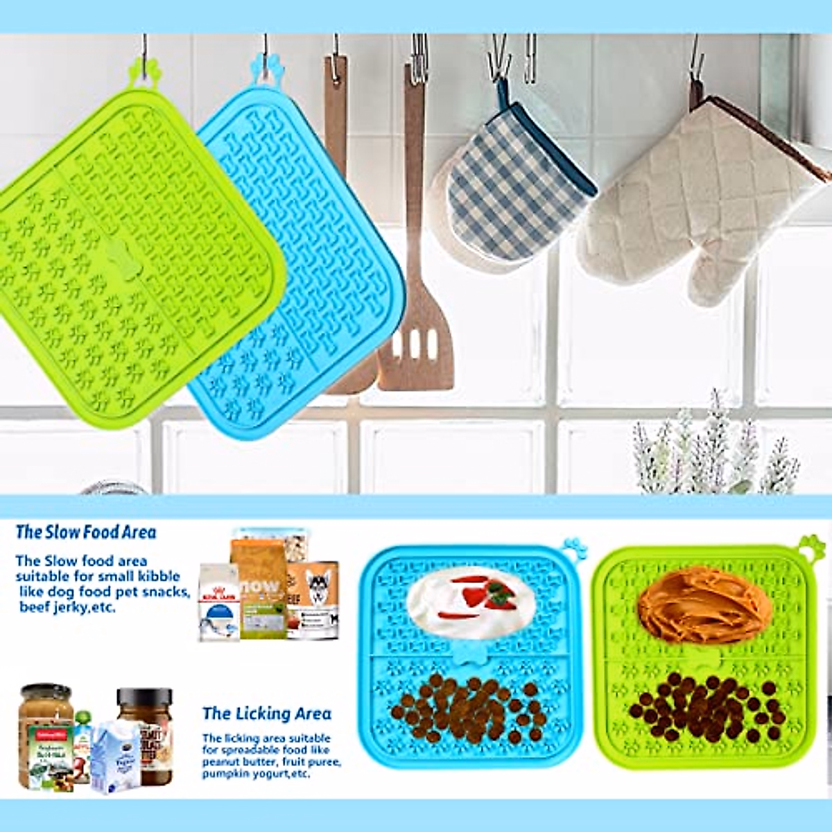 Lick Mat for Dogs 2 Pack Non-Slip Slow Feeders Licking Mat with Suction Cups for Anxiety Relief Include One Spatula for Scooping Out Dog Treat&Cat Food (Blue&Green)