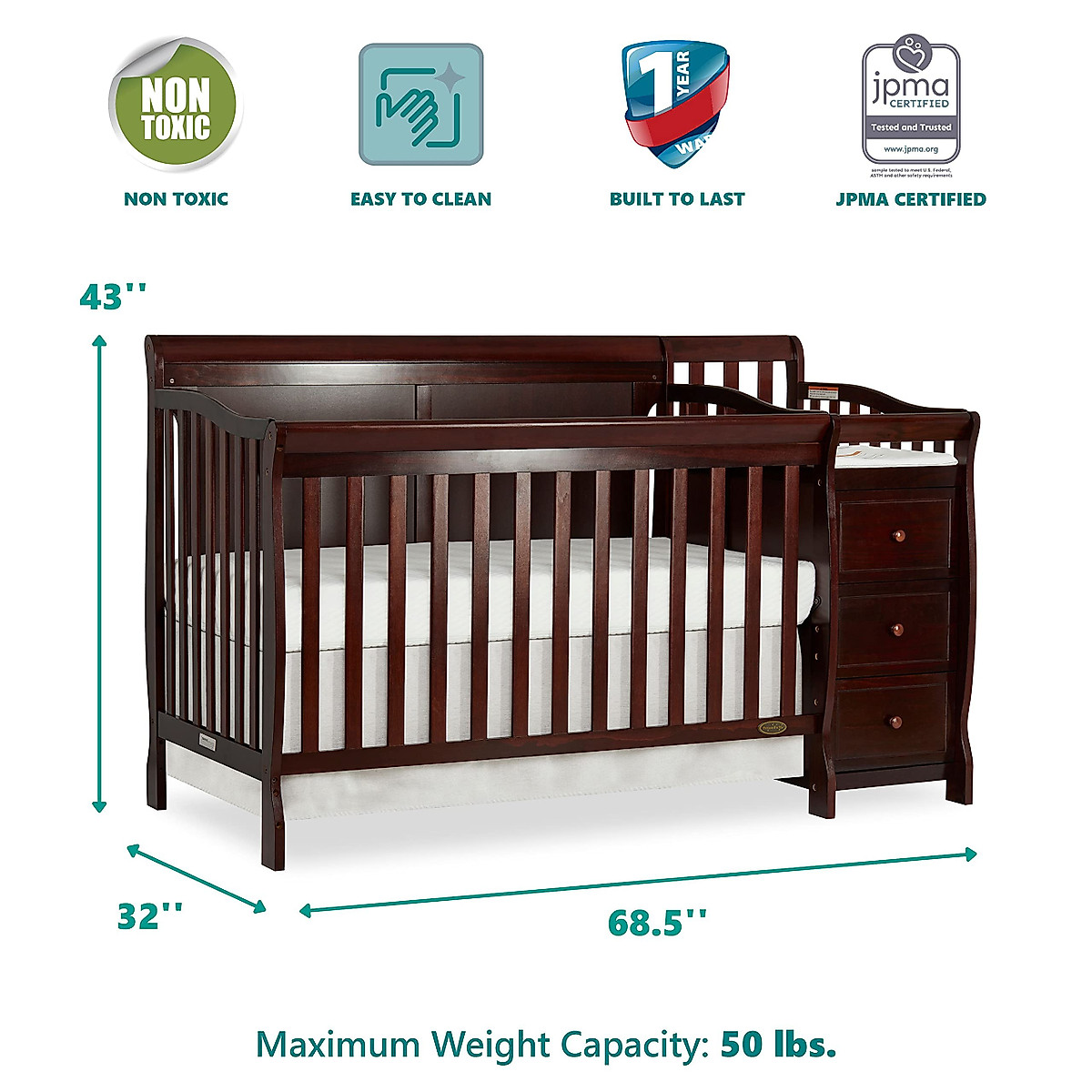Dream On Me 5-in-1 Brody Full Panel Convertible Crib in Espresso with Changer, Spacious Drawers, Detachable Changing Table, 1''Changing Pad