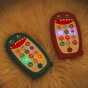 Baby Dinosaur Cell Phone Toy Removable Soft Teether Case, Lights, Music & Adjustable Volume Kids Play & Learn Pretend Phone Infant Toddler, Preschool Holiday Birthday Gift Girl Boy 18 Months (Green)