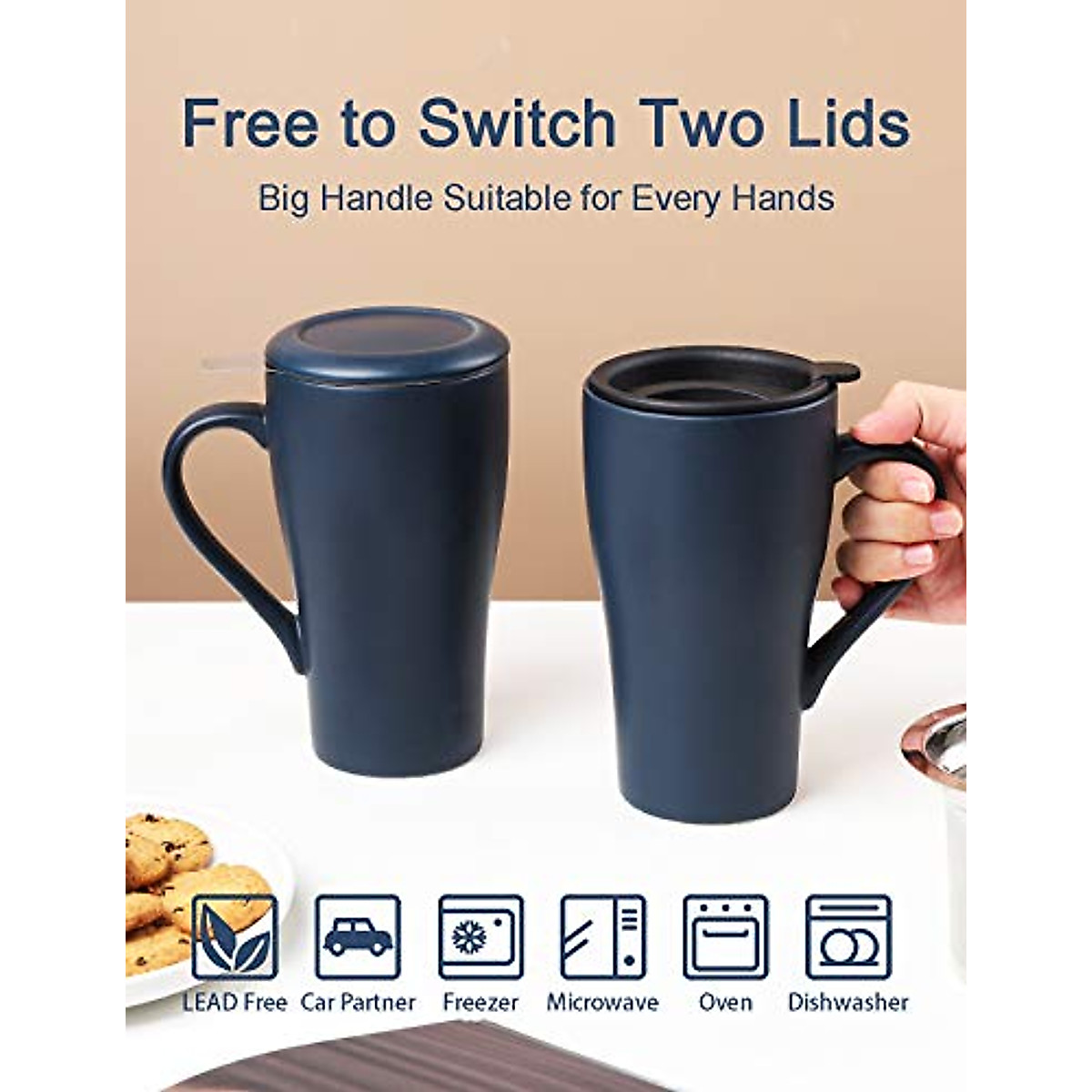 ARRADEN Tea Cup with Infuser and 2 Lids, 18oz Large Tea Infuser Mug, Tea Strainer Cup for Loose Tea, Travel Mug with Tea Bag Holder (Royal Blue)