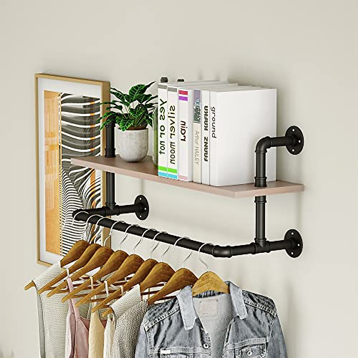 MAIKAILUN Wall Mounted Clothes Rack with Wood Shelf,36" Long Industrial Pipe Clothing Rack with Shelf Heavy Duty Iron Garment Rack Bar,Retail Display Clothes Rod for Clothes,Laundry Room,Black