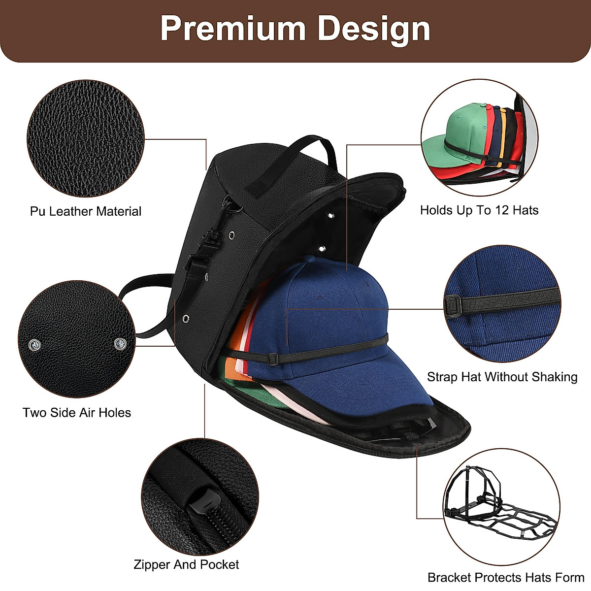 NAZZO Hat Case for Baseball Cap, Hat Carrier Storage Bag for 12 Baseball Caps, Leather Soft Case Built-in Holder with Adjustable Shoulder Strap for Travel and Home Storage, Black, Registered Patent