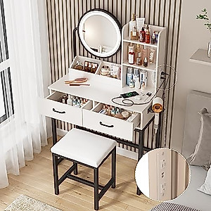 Makeup Vanity with Round Mirror and Lights, White Vanity Makeup Table with Charging Station, Small Vanity Table for Bedroom, 3 Lighting Modes, 31.5in(L)