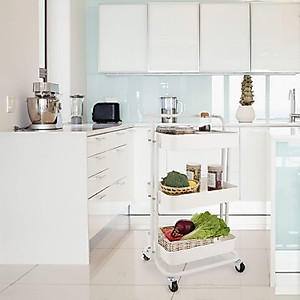 BATHWA 3-Tier Rolling Utility Cart Storage Shelves Multifunction Storage Trolley Service Cart with Mesh Basket Handles and Wheels Easy Assembly for Bathroom, Kitchen, Office(White)