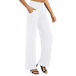 Urban CoCo Women's Solid Wide Leg Palazzo Lounge Pants Casual Straight Leg High Waist Stretch Pants (White, XL)