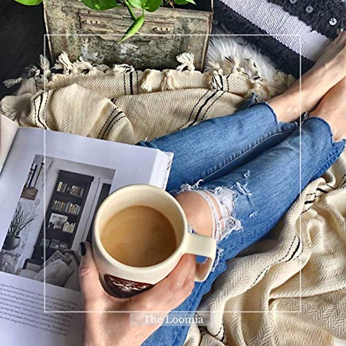 THE LOOMIA Sophie Turkish Cotton Boho Farmhouse Throw Blanket (Extra Large, Creamish Ecru Base with Black Stripes)