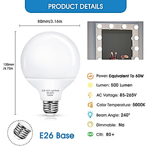 Vanity Light Bulbs, 6W LED Globe Light Bulbs (60W Equivalent), Daylight 5000K Round Light Bulbs for Vanity Makeup Mirror, G25 Bathroom Light Bulbs, 85-265V CRI85+, Non-dimmable, E26 Base 500LM, 4 Pack