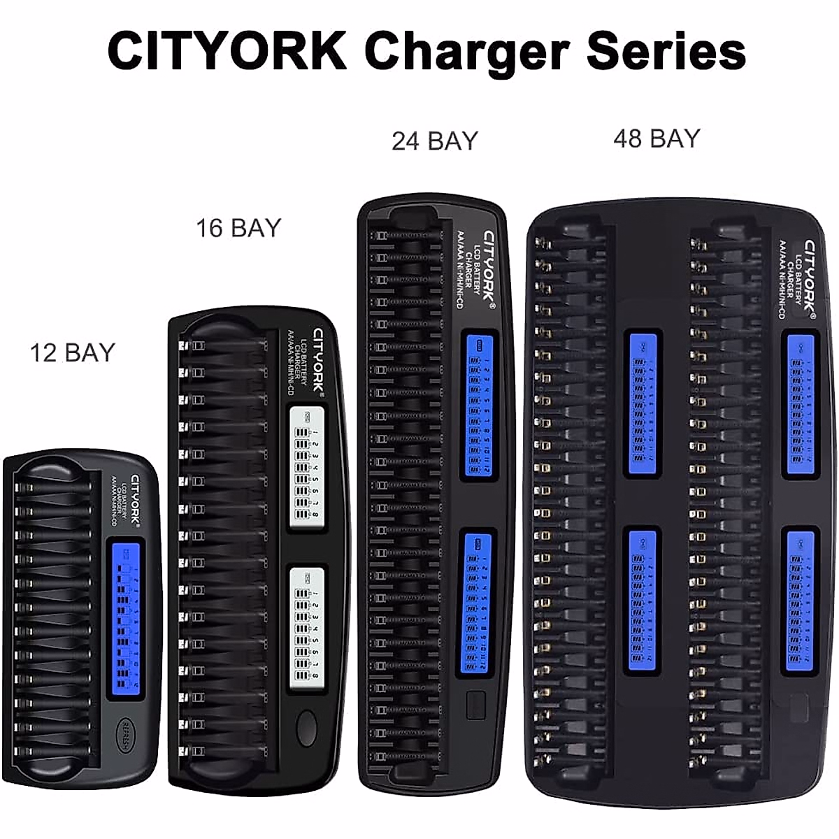 CITYORK 24 Bays Large Smart Battery Charger LCD Display Quick for 1.2V AA/AAA NiMH/NiCd Rechargeable Batteries with Built-in IC Protection & AC Wall Adapter