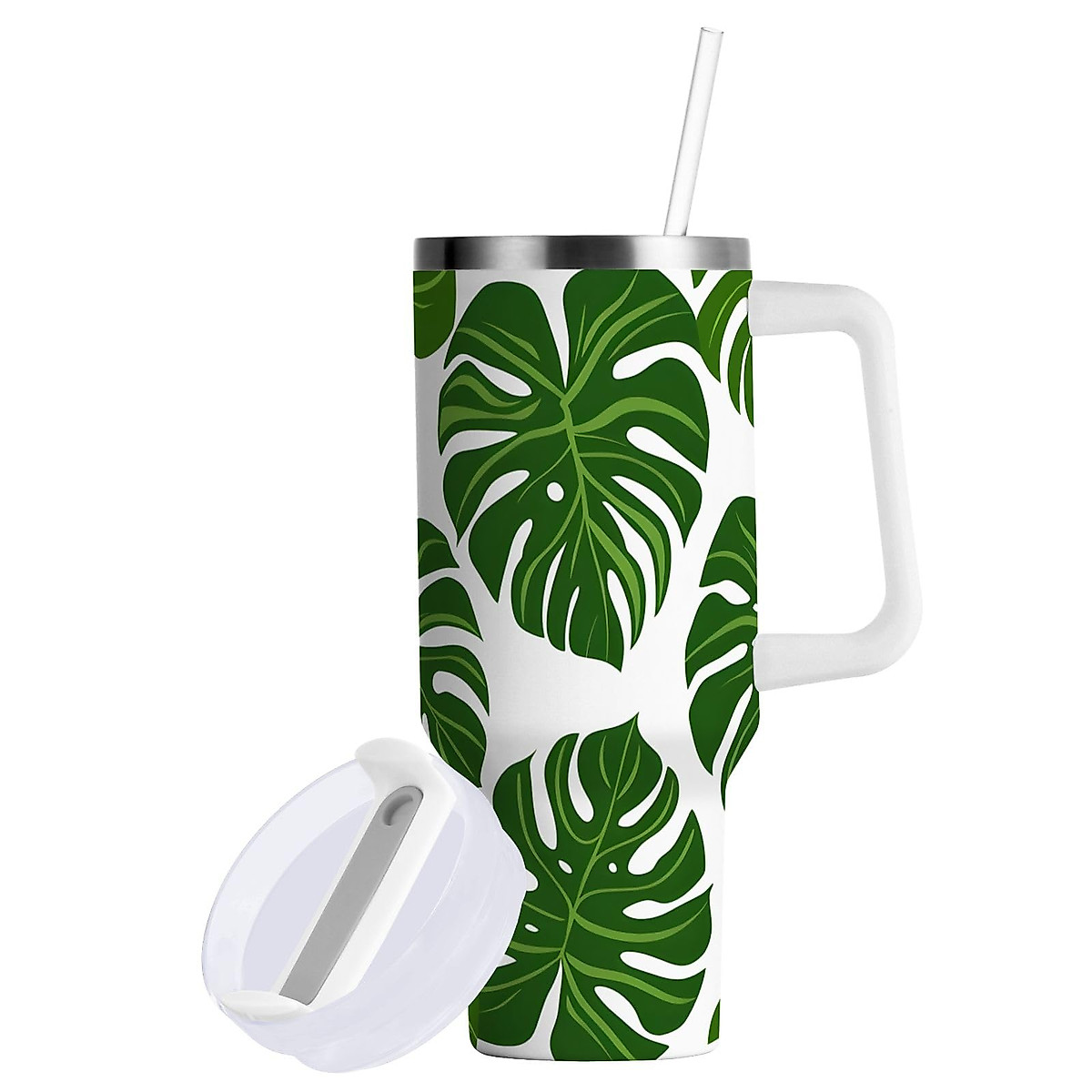 40 oz Green Monstera Leaf Insulated Tumbler with Handle, Stainless Steel Vacuum Water Bottles with Lid and Straw for Water, Iced Tea or Coffee
