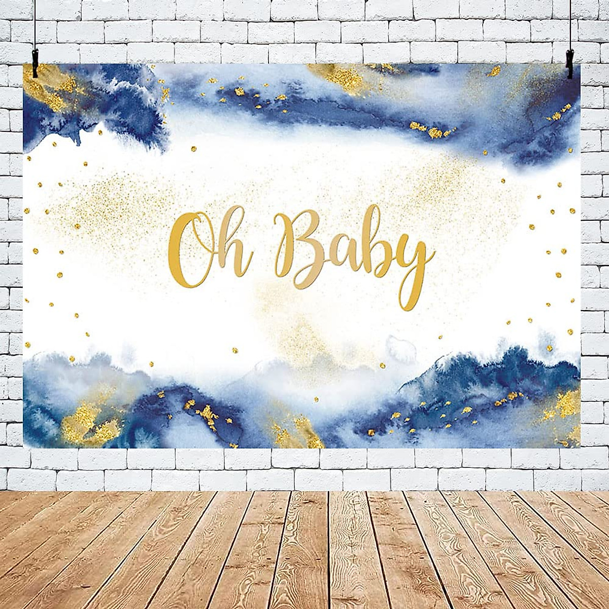 MEHOFOND 7x5ft Soft Fabric Oh Baby Backdrop for Boys Royal Blue Watercolor Pastel Clouds Baby Shower Photography Background Blue Clouds Gold Glitter Dots Party Decorations Cake Smash Photo Props