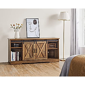 AMERLIFE TV Stand Sliding Barn Door Farmhouse Wood Entertainment Center, Storage Cabinet Table Living Room with Adjustable Shelves for TVs Up to 65", Reclaimed Barnwood