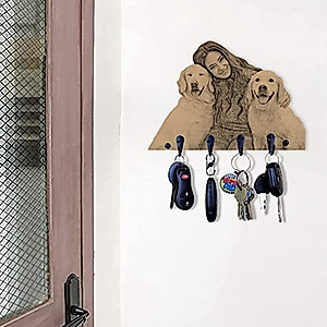 Ozinna Personalized Key Holder with Photo Frame for Wall Decorative Custom Picture Wooden Key Hangers for Rustic Home Decor, Key Organizer Mount with 4 Hooks Decorative Family Sign (Wooden Key Hooks)
