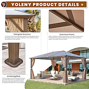 YOLENY 10'x12' Hardtop Gazebo, Outdoor Polycarbonate Roof Canopy, Aluminum Frame Permanent Pavilion with Curtains and Netting, Sunshade for Garden, Patio, Lawns