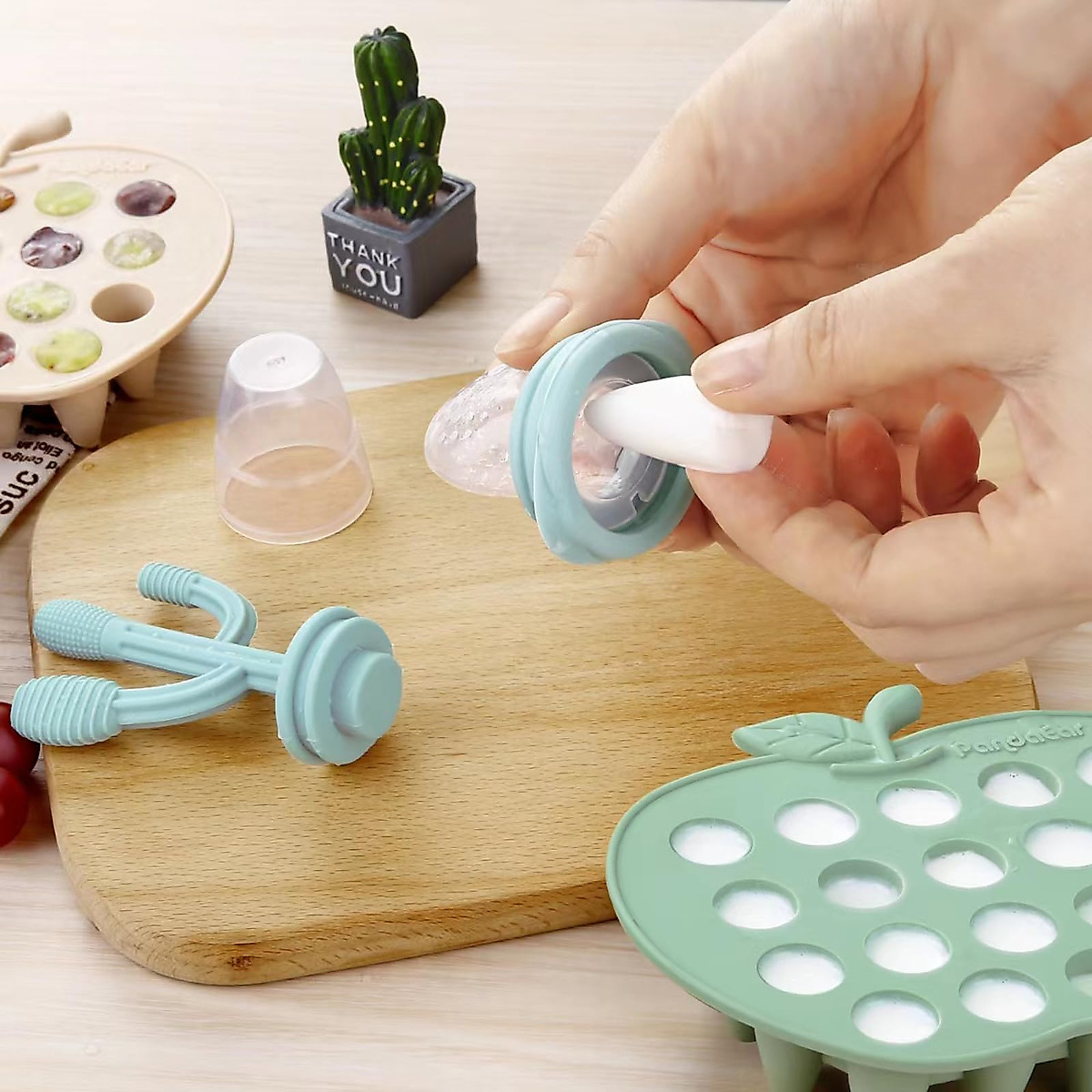 PandaEar Silicone Baby Food Freezer Tray, 2 Pack Baby Fruit Food Feeder Teether Tray, Baby Food Storage Container Ice Cube Tray Maker for Homemade Baby Food -Green&Tan