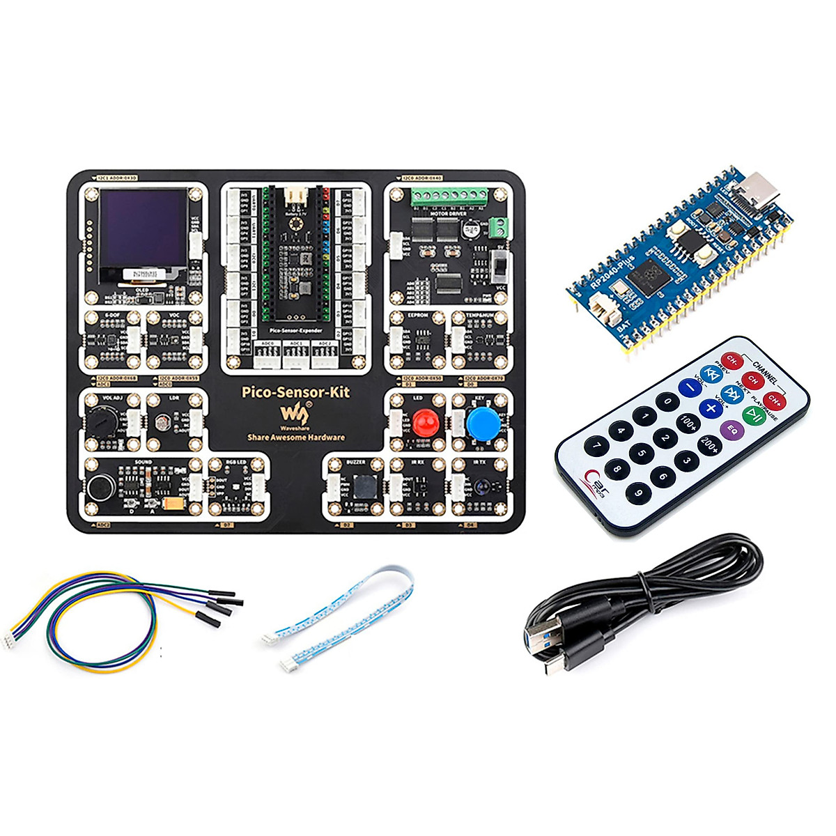 Raspberry Pi Pico W Sensor Kit with Expansion Board and RP2040-Plus Board and RGB LED,Motor Driver,etc,15 Detachable Sensors, All-in-One Design
