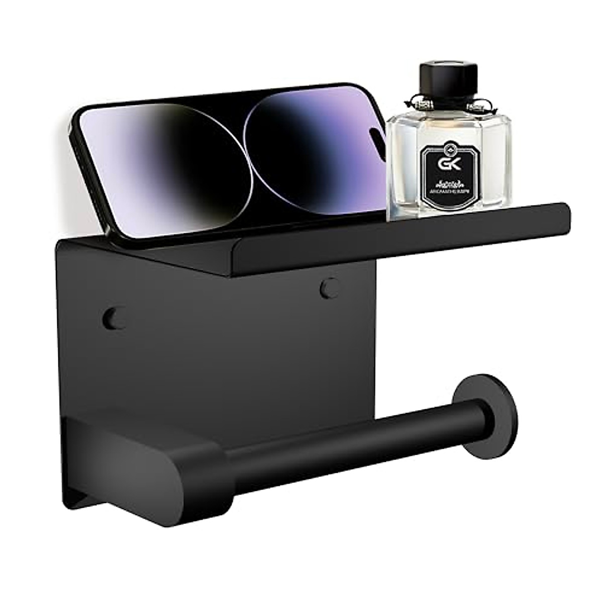 Toilet Paper Holder with Shelf with Shelf, Short Paper Towel Holder Wall Mount 12" Self Adhesive Toilet Paper Roll Holder with Phone Shelf for Bathroom Toilet Accessories