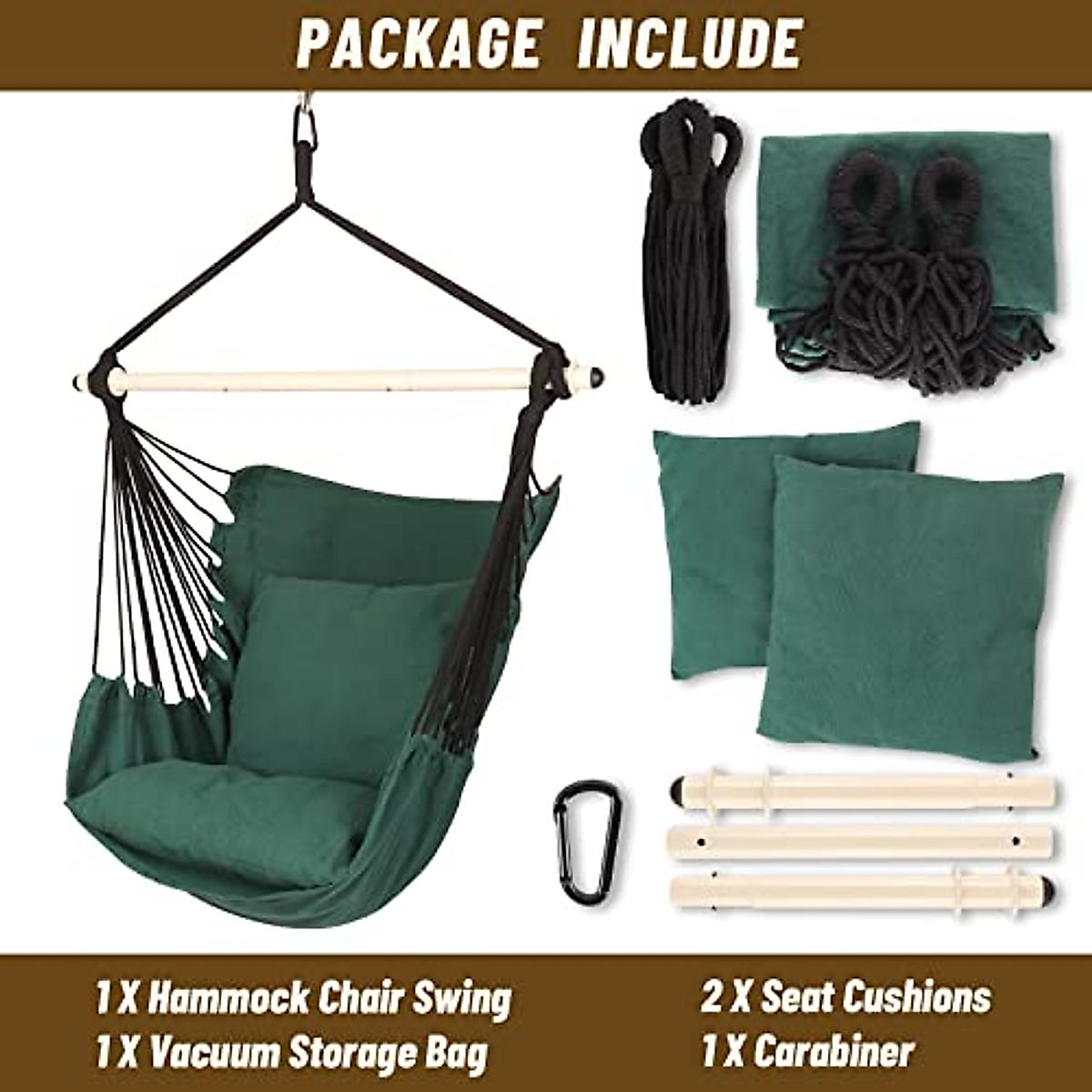 Highwild Hammock Chair Hanging Rope Swing - Max 500 Lbs - 2 Cushions Included - Steel Spreader Bar with Anti-Slip Rings - for Any Indoor or Outdoor Spaces (Green)