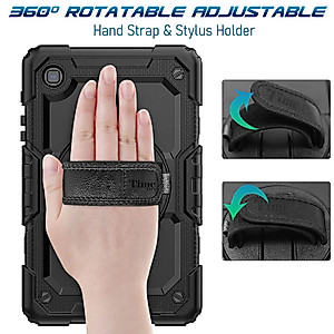 Timecity Case for Samsung Galaxy Tab A7 Lite 2021 8.7'' SM-T220/T225/T227 with Screen Protector, Heavy Duty Rugged Full-Body Protective Case with 360 Rotating Stand, Hand/Shoulder Strap Case, Black