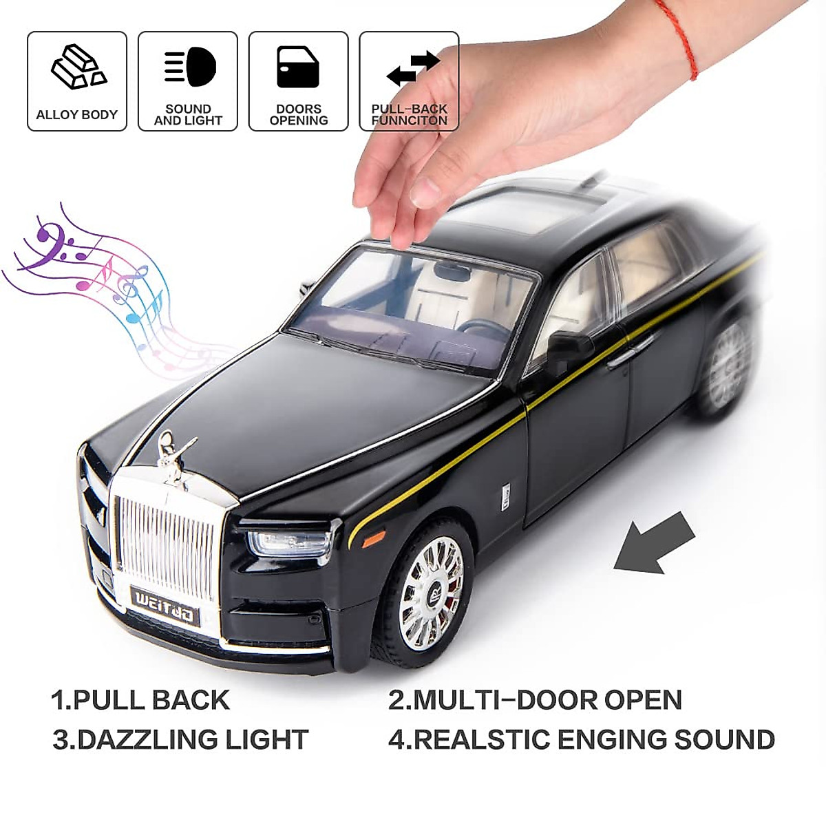 WAKAKAC 1/20 Phantom Model Car Alloy Diecast Collectible Pull Back Toy Car Classic Double Door Model Vehicle Logo Can Be Folded(Black)