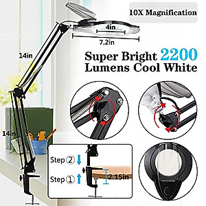 10X LED Magnifying Lamp with Clamp, KIRKAS 2,200 Lumens Dimmable Super Bright Daylight Magnifying Glass with Light, Adjustable Swivel Arm Lighted Magnifier lamp for Reading Repair Crafts- Black