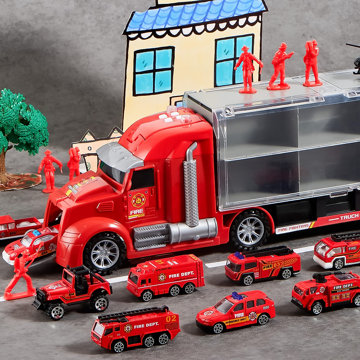 JOYIN 25 in 1 Fire Truck Vehicle Toy Set with Sounds and Lights, Fire Engine Vehicles in Carrier Truck, Mini Rescue Emergency Fire Truck Car Toy, Birthday Gifts for Over 3 Years Old Boys