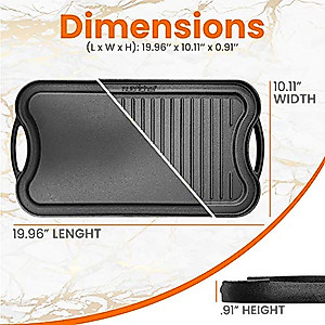NutriChef Reversible Plate-PFOA & PFOS Free Oven Safe Flat Cast Iron Skillet Griddle Grilling Pan w/Scraper for Electric Stovetop, Ceramic NCCIRG64, BLACK