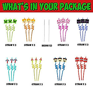 NITELUO 24Pcs Miner Craft Birthday Party Supplies Reusable Drinking Straws,8 Designs Pixel Themed Party Favors with 2 Cleaning Brush MWXG